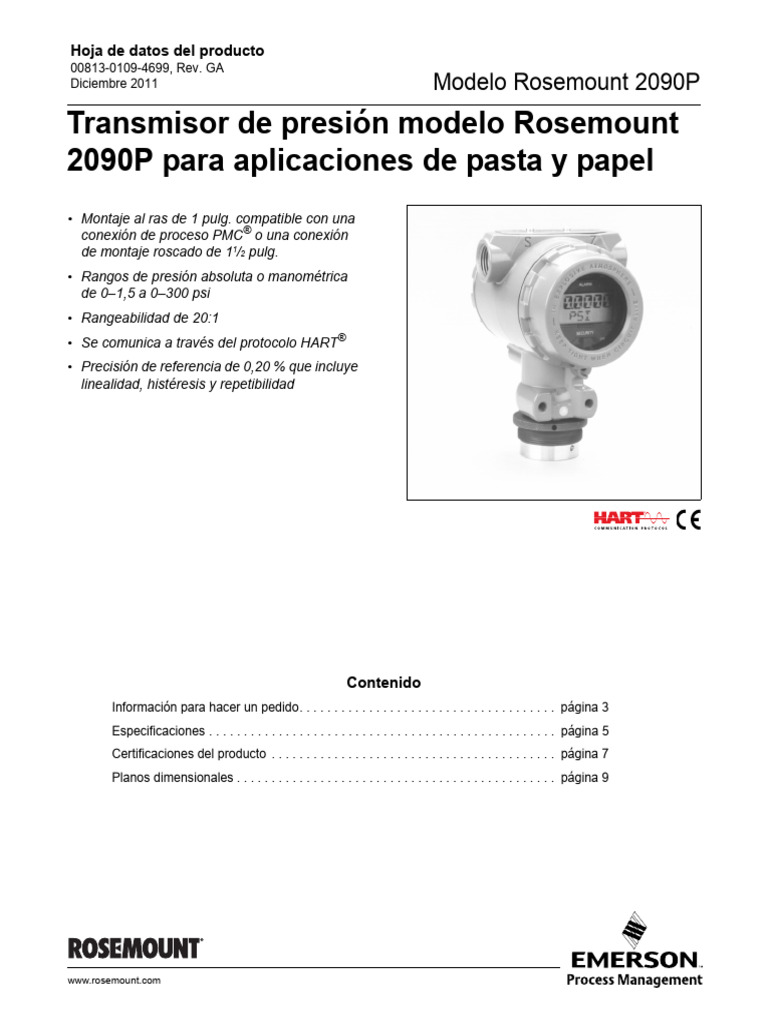 Hoja de Datos Del Producto Rosemount 2090p Transmisor de Presión para ...