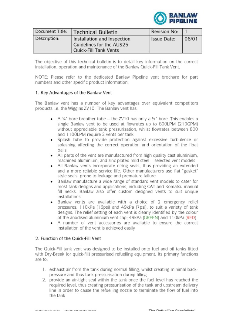 Technical Bulletins TB - Quick Fill Vents 0601 | PDF | Valve | Leak