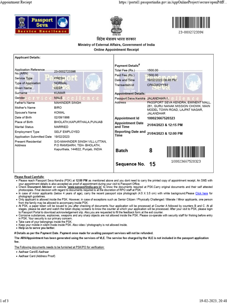 1 Appointment Reciept 1 3 | PDF | Identity Document | Birth Certificate