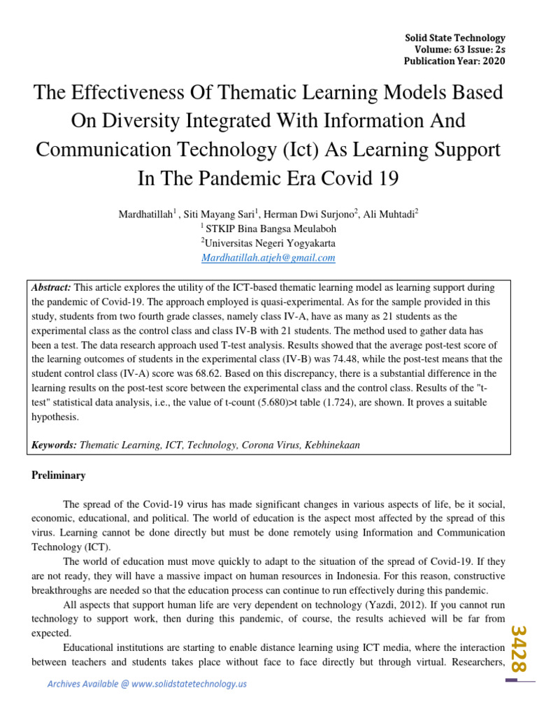 ICT-Based Thematic Learning in COVID-19 | PDF | P Value | Student's T Test