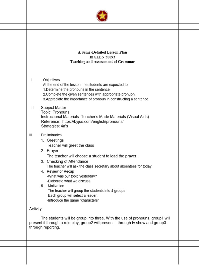 Lesson Plan | PDF | Pronoun | Linguistic Morphology