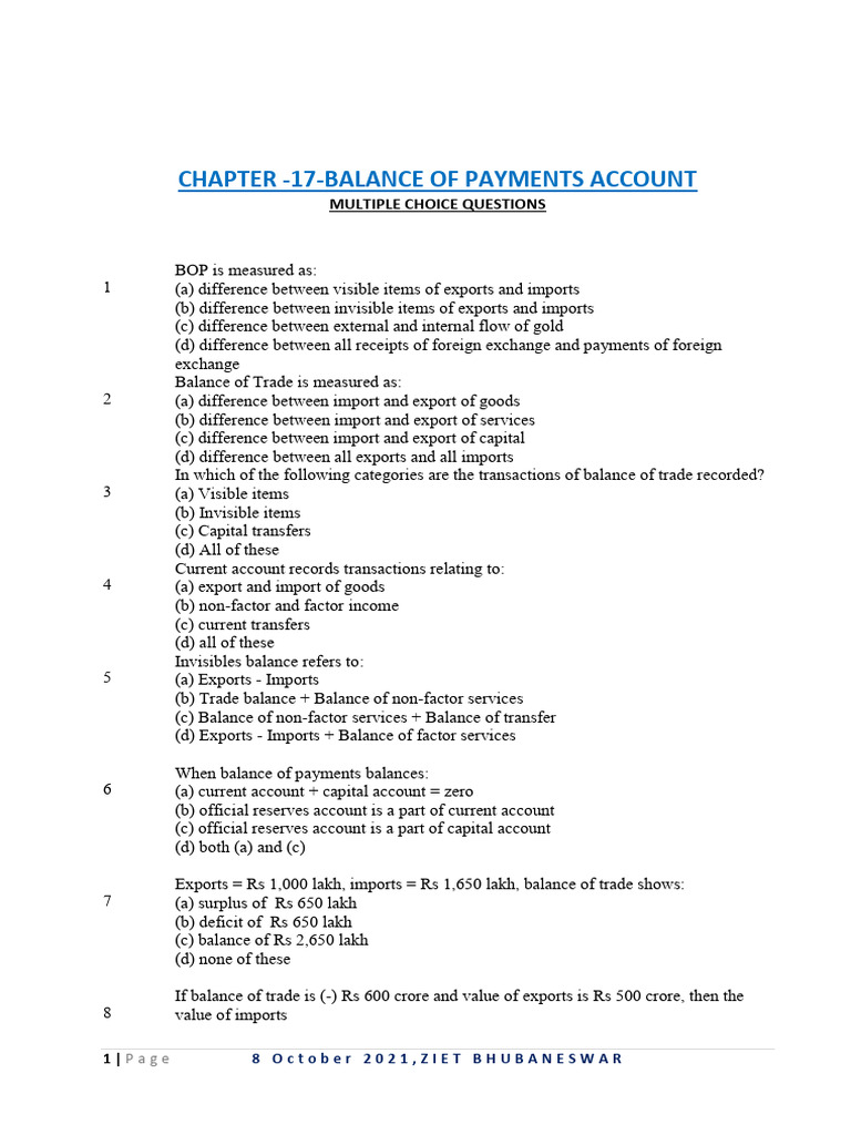 Chapter - 17-Balance of Payments Account: 8 October 2021, ZIET BHUBANESWAR | PDF | Balance Of ...