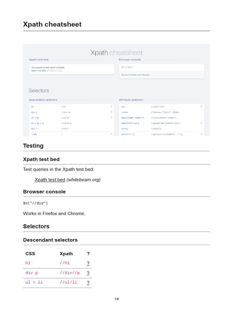 Xpath Cheatsheet and Refcard | PDF | Software Development | Computer Science