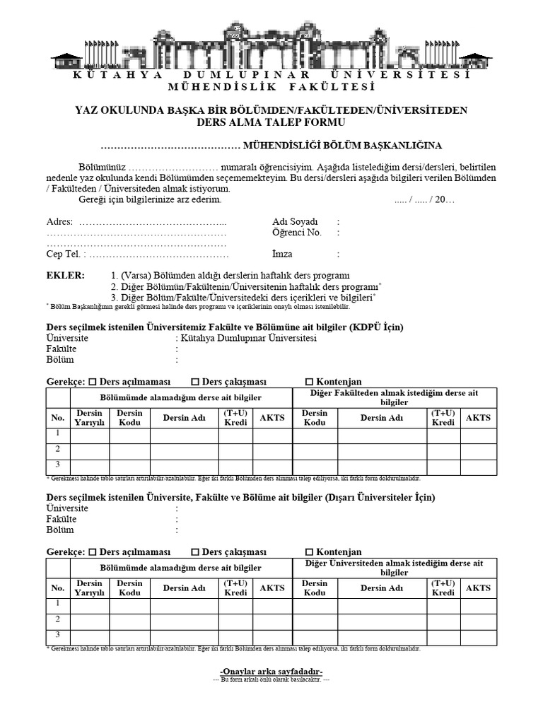 Yaz Okulunda Başka Üniversiteden Ders Alma Talep Formu | PDF