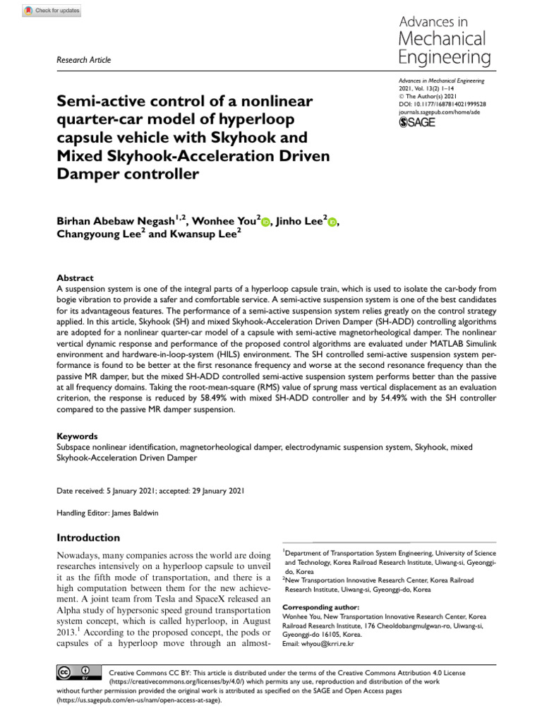 Semi-Active Control of A Nonlinear Quarter-Car Model of Hyperloop ...