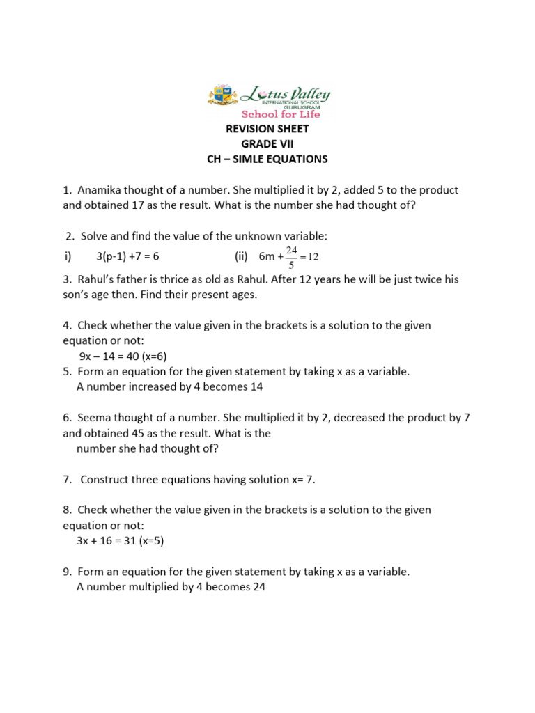 Grade VII Revision Sheet Simple Equations | PDF