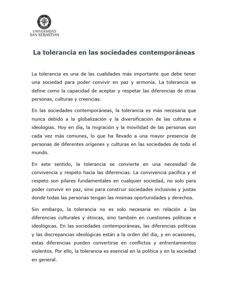 La Tolerancia en Las Sociedades Contemporáneas, Ensayo | PDF