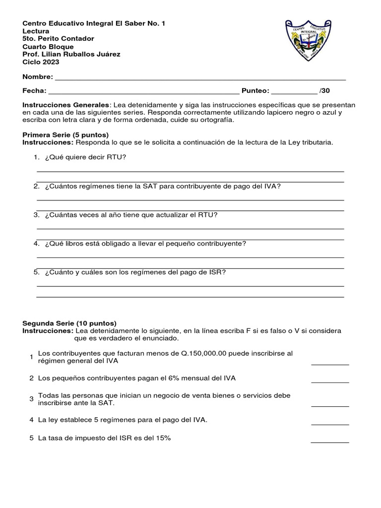 Evaluación de Ley Tributaria 5to Perito Contador | PDF | Impuesto al ...