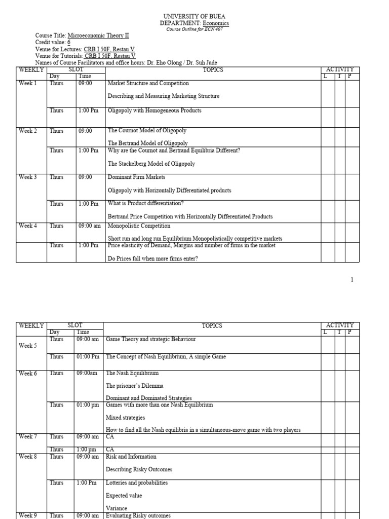 ECN 407 Course Outline 2023 2024 | PDF | Oligopoly | Economic Equilibrium