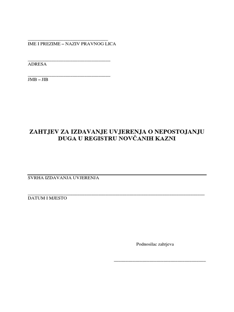 Zahtjev Za Izdavanje Uvjerenja Iz Registra Novanih Kazni | PDF