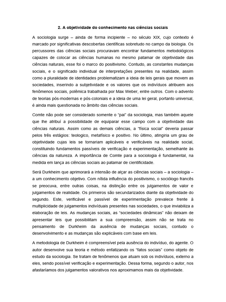 Objetividade nas Ciências Sociais: Comte a Weber | PDF | Sociologia ...