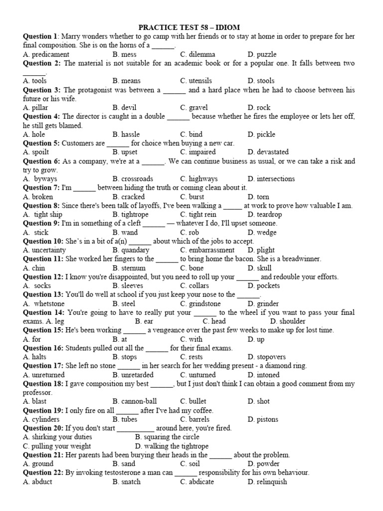 Practice Test 58: Idioms and Choices | PDF