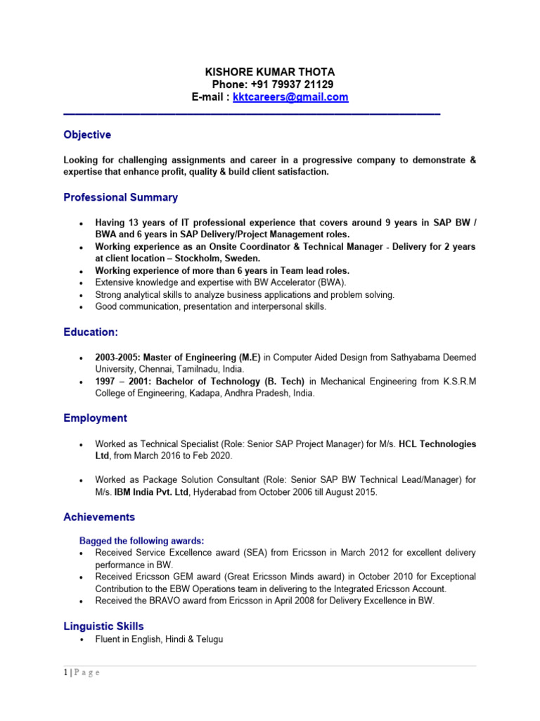 Resume - SAP Project Manager - Kishore Kumar Thota | PDF | The Walt Disney Company | Ericsson