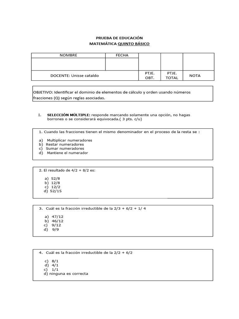 Prueba de Suma y Resta de Fracciones | PDF