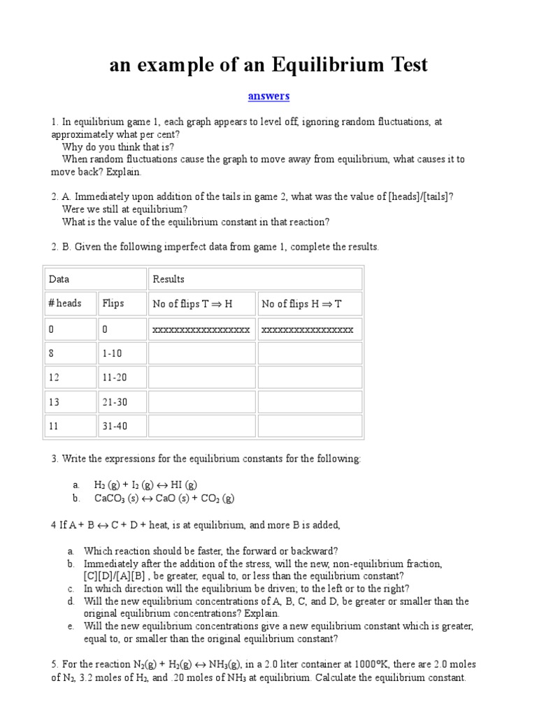 An Example of An Equilibrium Test: Answers | PDF | Chemical Equilibrium ...