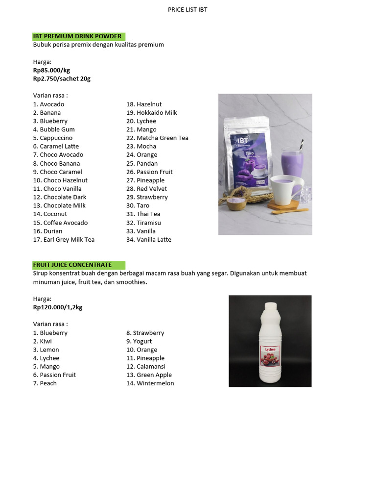 IBT Price List for Premium Beverages | PDF | Food Ingredients | Cuisine