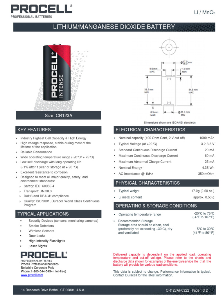 Datasheet Procell Intense Cr123ah | PDF | Battery (Electricity) | Electrical Engineering