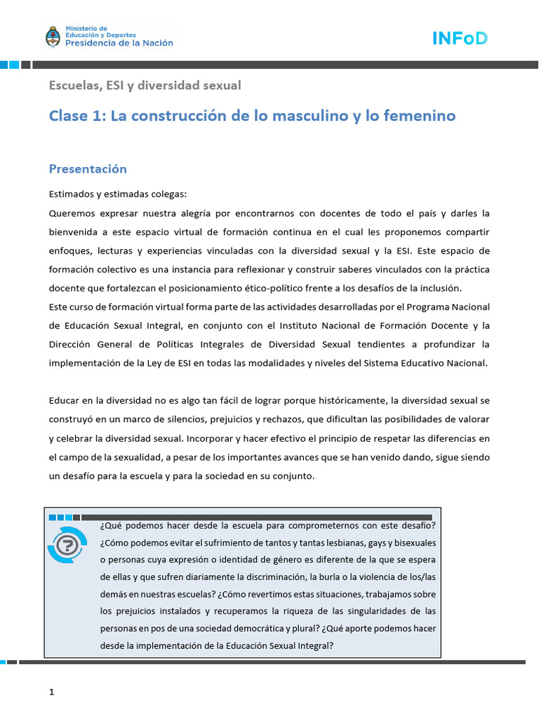 ESI Clase 1 La Construcción de Lo Masculino y Lo Femenino | PDF | Género | Estudios de género