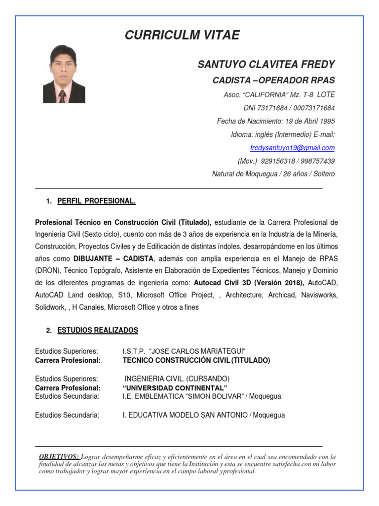 4.santuyo Clavitea Fredy - Curriculum Vitae | PDF | Vehículo aéreo no tripulado | Cad automático