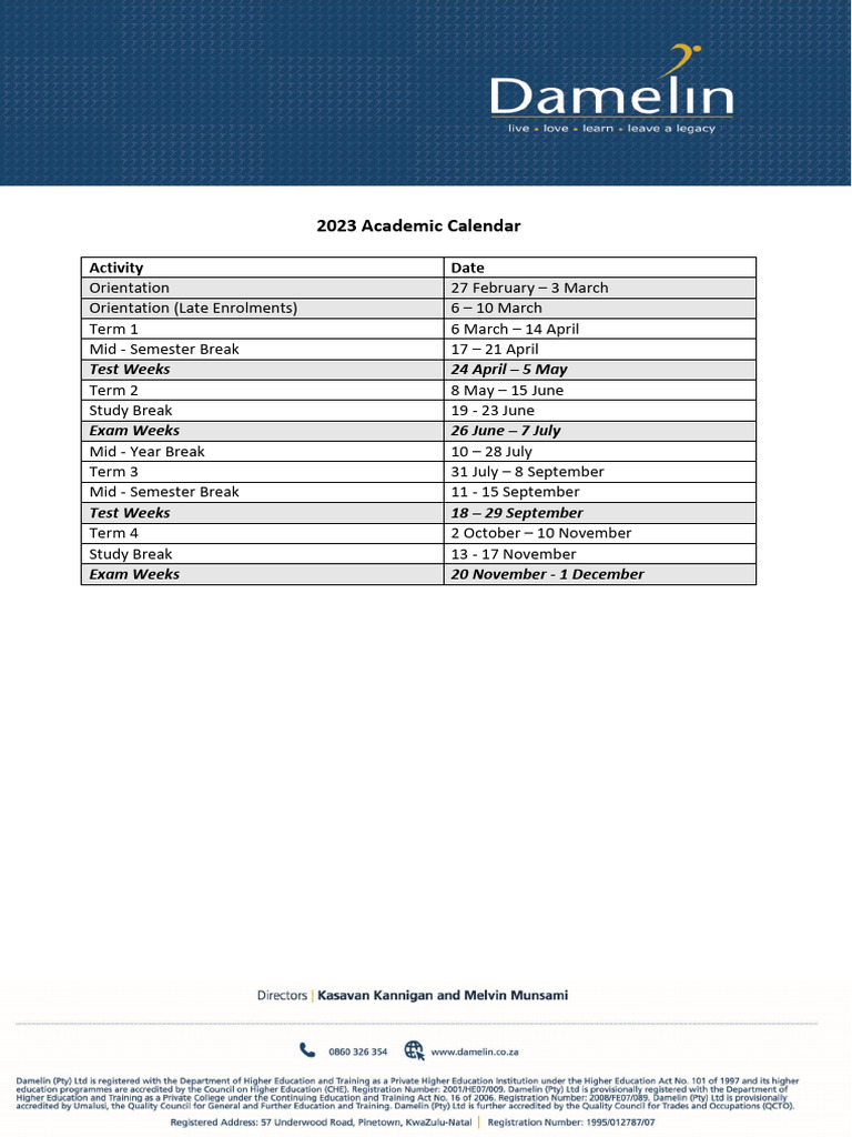 Damelin 2023 Student Calendar | PDF