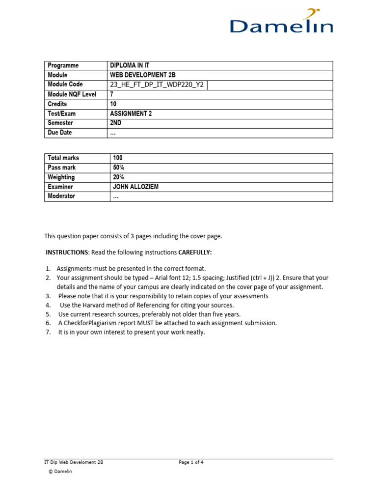 WEB DEVELOPMENT 2B Assignment 2 - 2023 | PDF | Java Script | World Wide Web