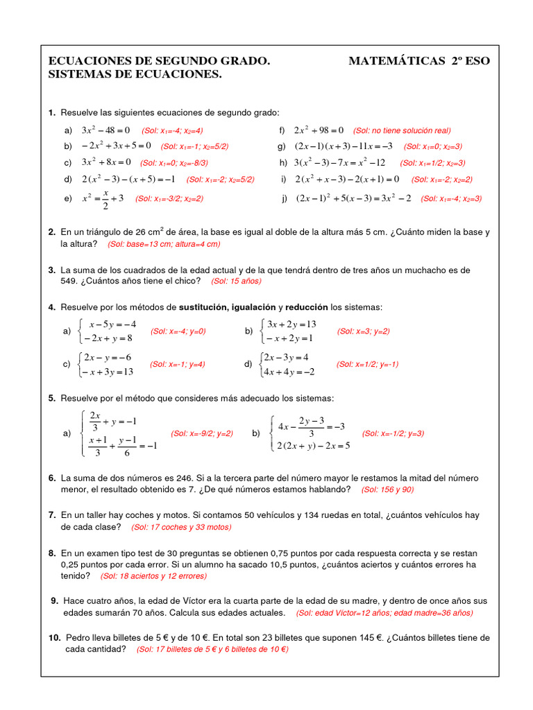 Ecuaciones de Segundo Grado. Sistemas de Ecuaciones | PDF | Ecuaciones | Matemáticas