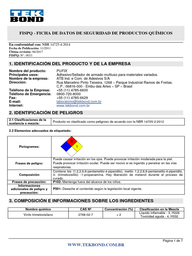 Ficha de Seguridad Pu Fix Tec Bond | PDF | Seguridad y salud ...