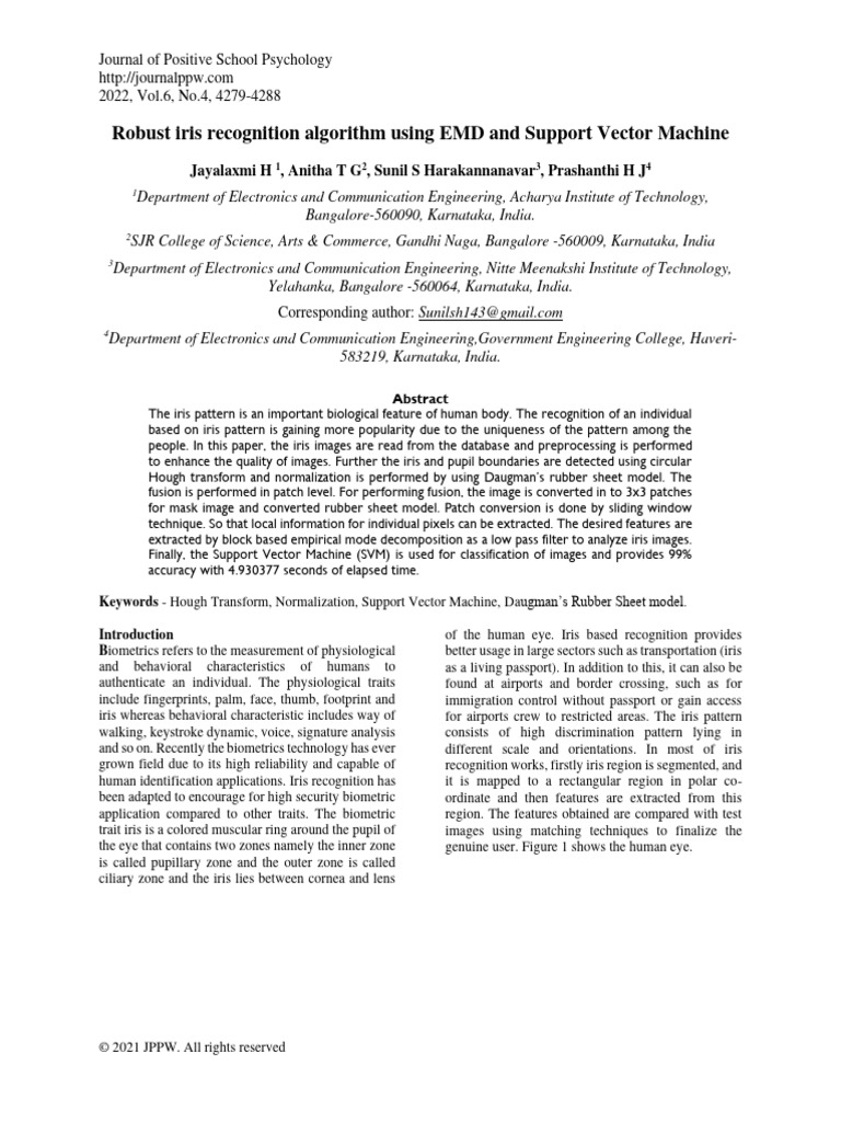Robust Iris Recognition Algorithm Using EMD and Support Vector Machine | PDF | Biometrics ...