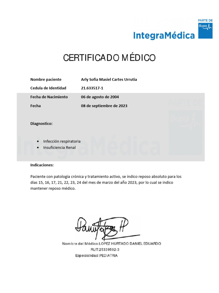 Certificado Medico Integramedica | PDF Certificado Medico Integramedica | PDF