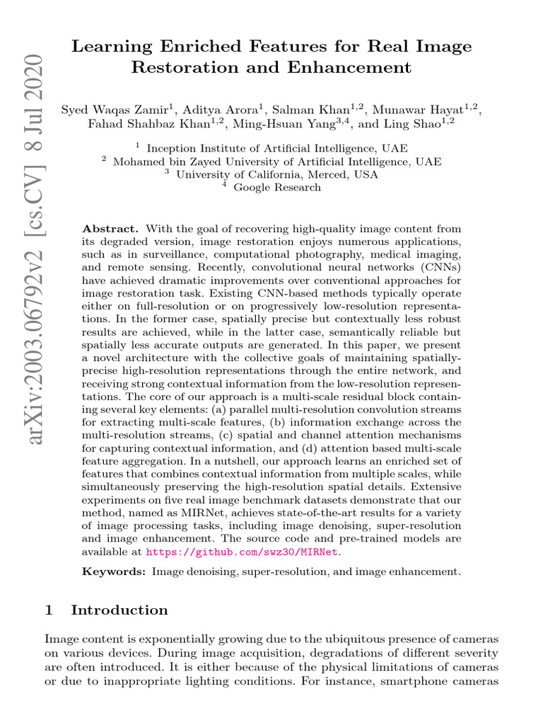 Learning Enriched Features For Real Image Restoration and Enhancement | PDF | Deep Learning ...