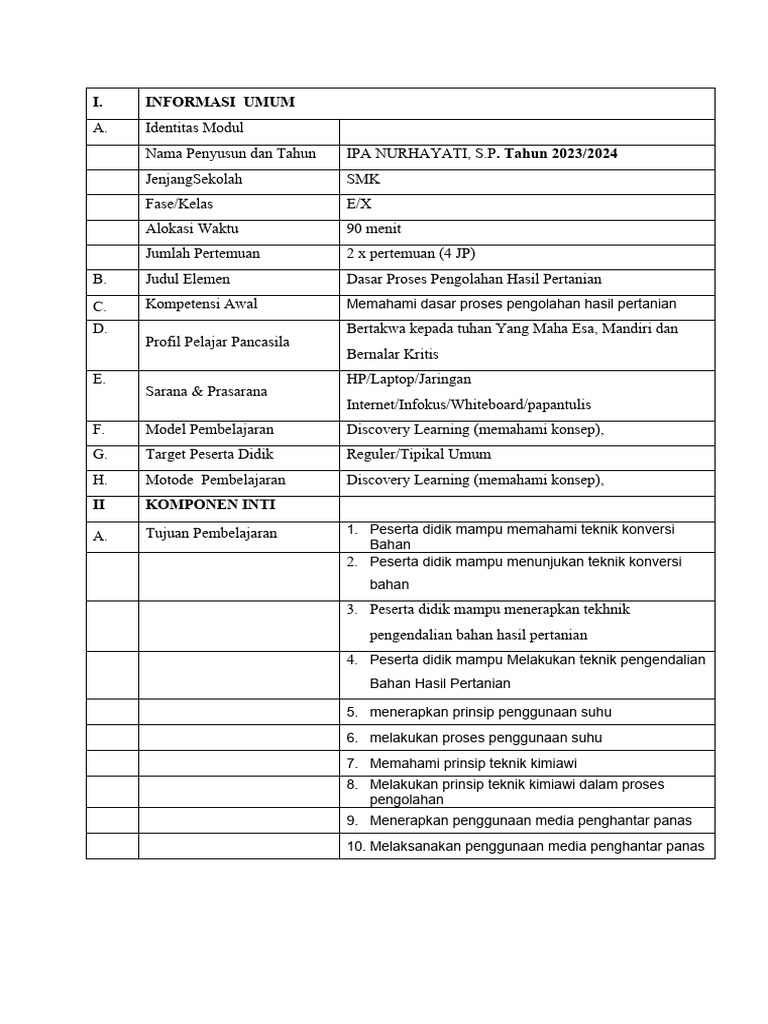 Identitas Modul Ajar Pengolahan Pertanian | PDF | Sains & Matematika ...