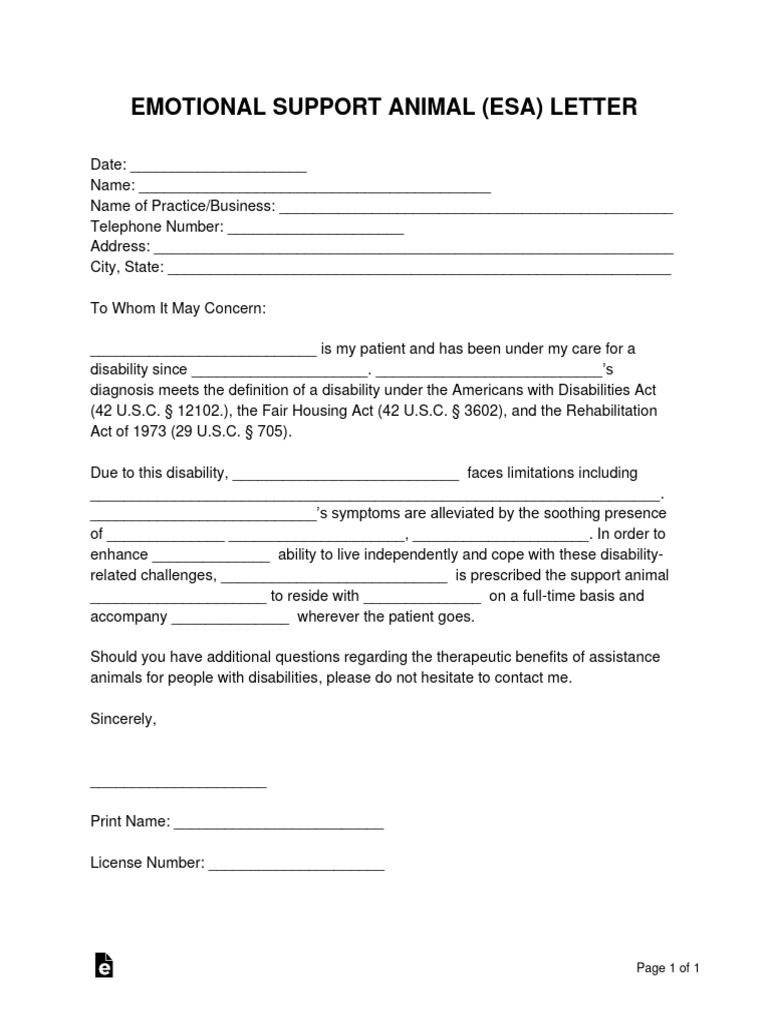 Emotional Support Animal Esa Letter Pdf