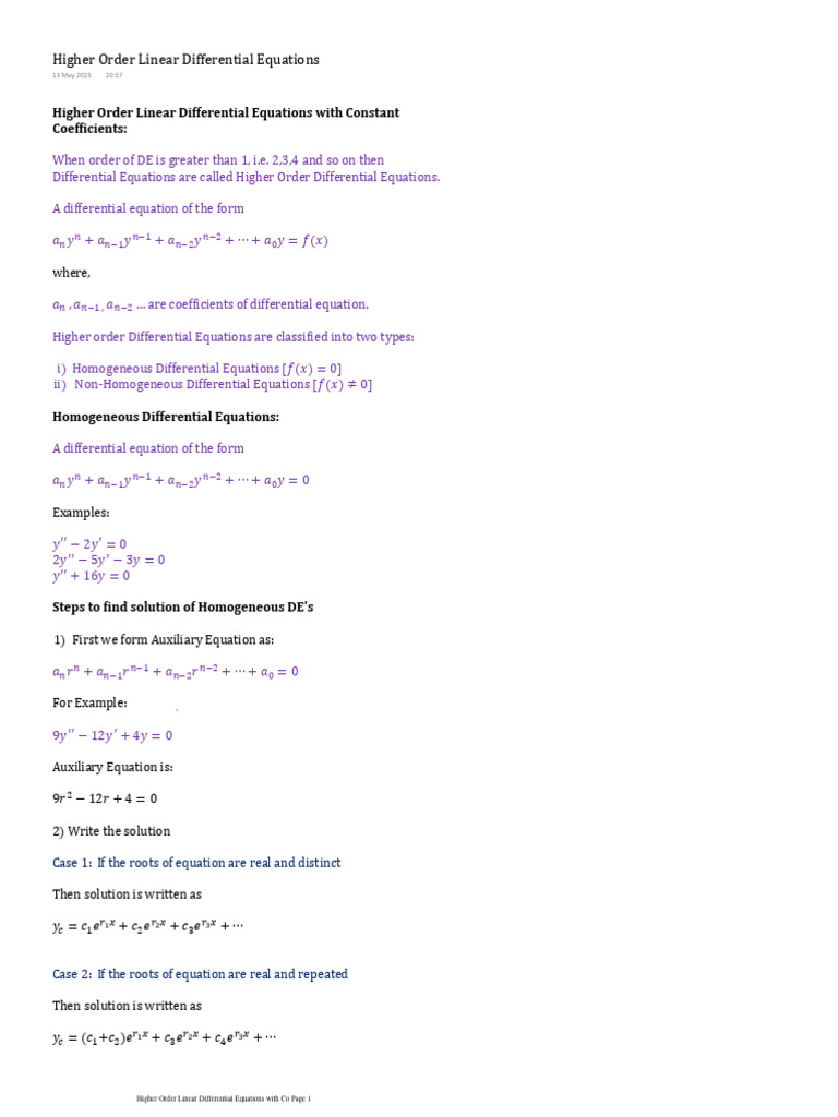 Higher Order Linear Differential Equations | Download Free PDF ...