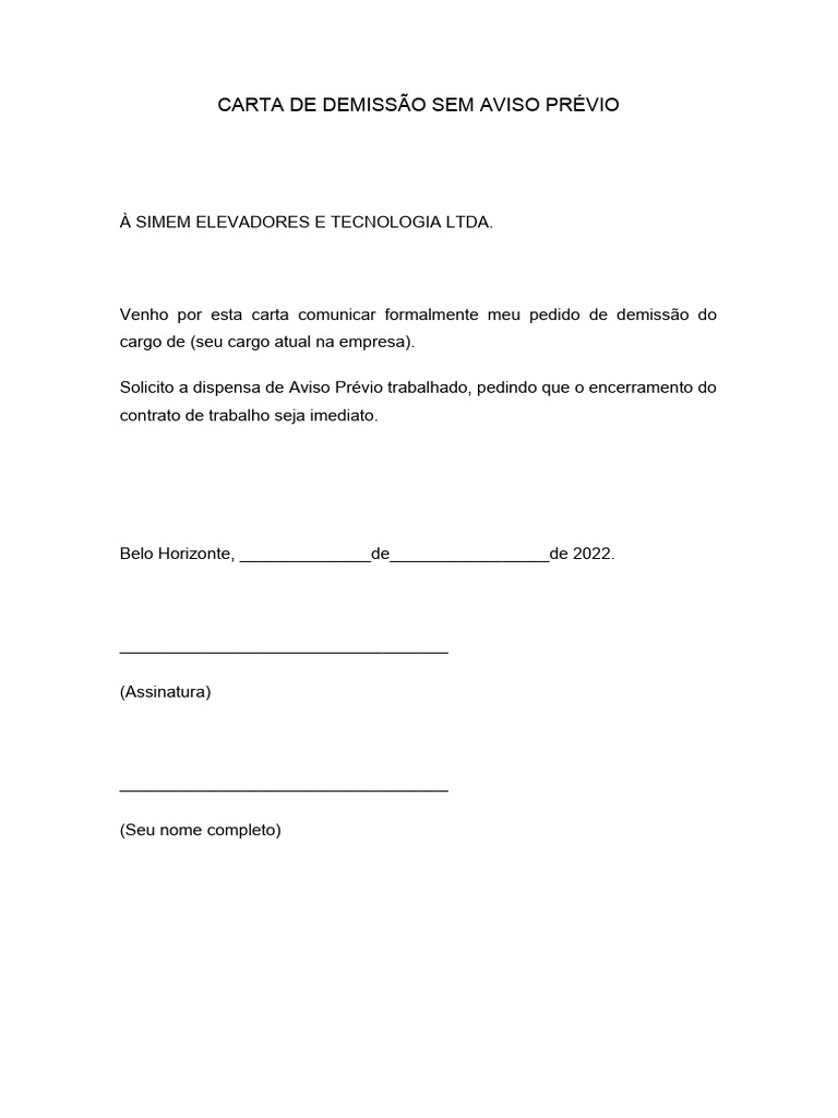 Modelo Carta De Demissão Sem Aviso Prévio Pdf