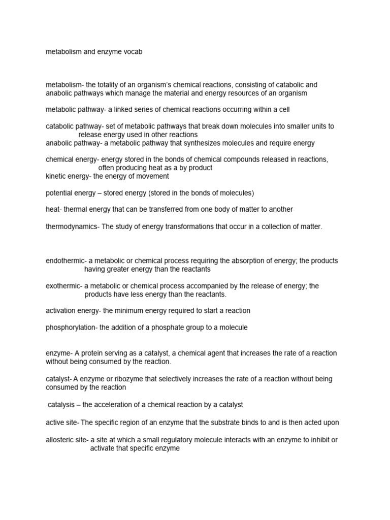 Metabolism and Enzyme Glossary | PDF | Enzyme | Metabolic Pathway