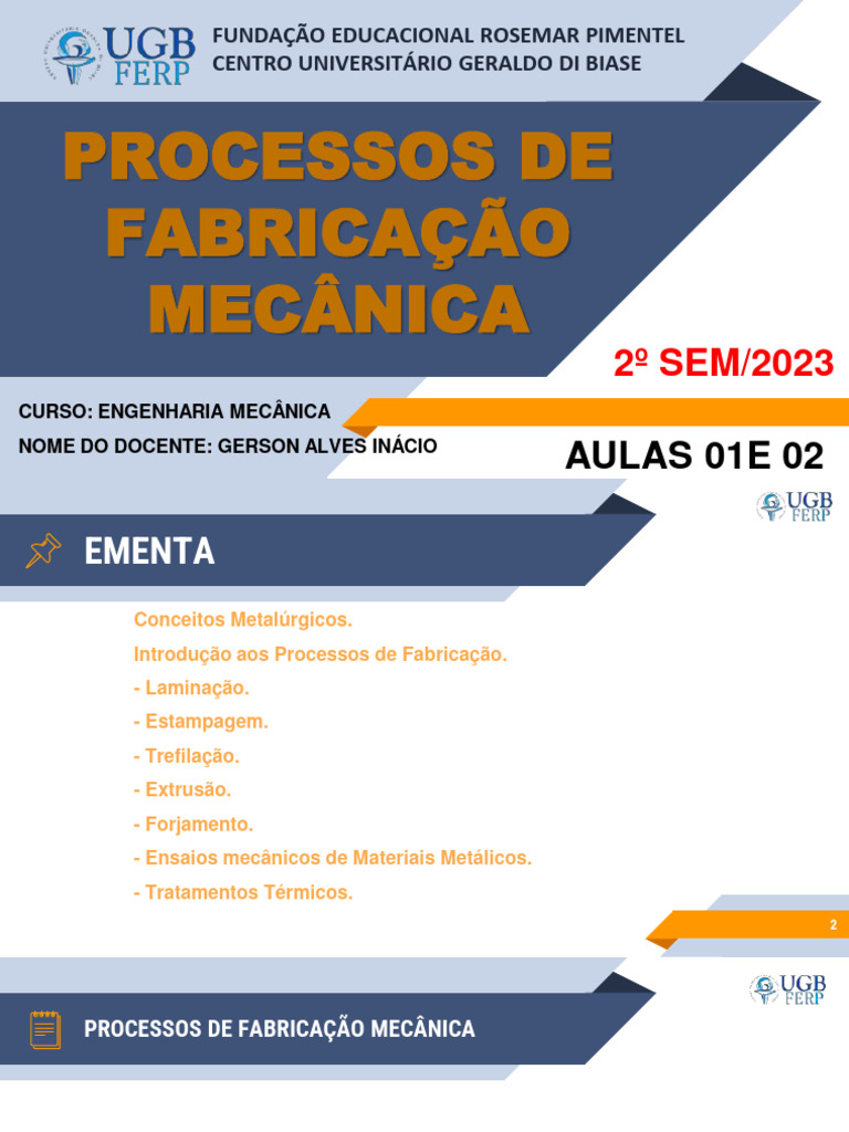 Aula 01 2º Sem 1º Bi Processos De Fabricação Mecânica Pdf