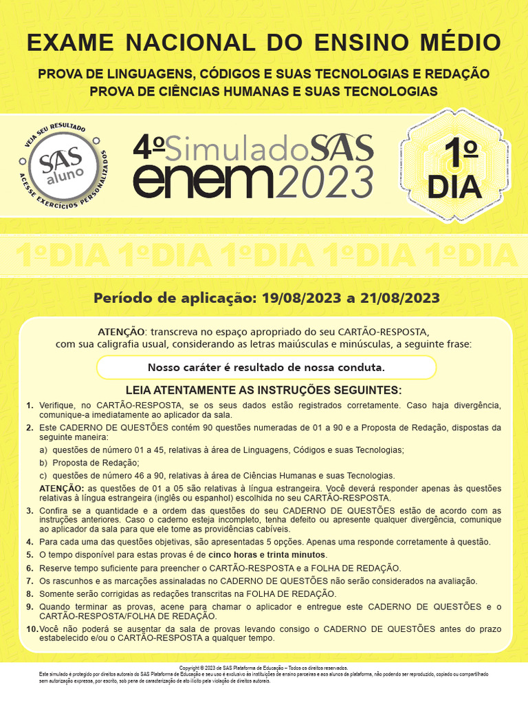 (Prova Dia 1) Quarto Sas 2023 | PDF | Comunicação humana | Science