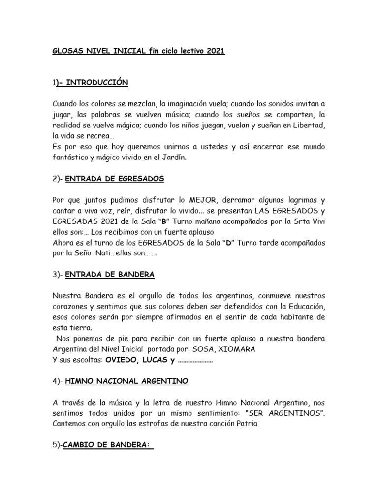 Glosas Nivel Inicial 2021 | PDF