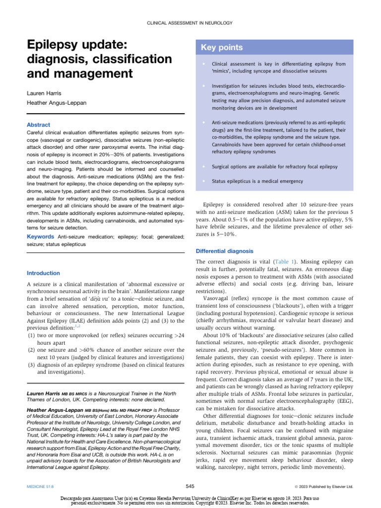 Epilepsy Update Diagnosis, Classification and Management | PDF ...