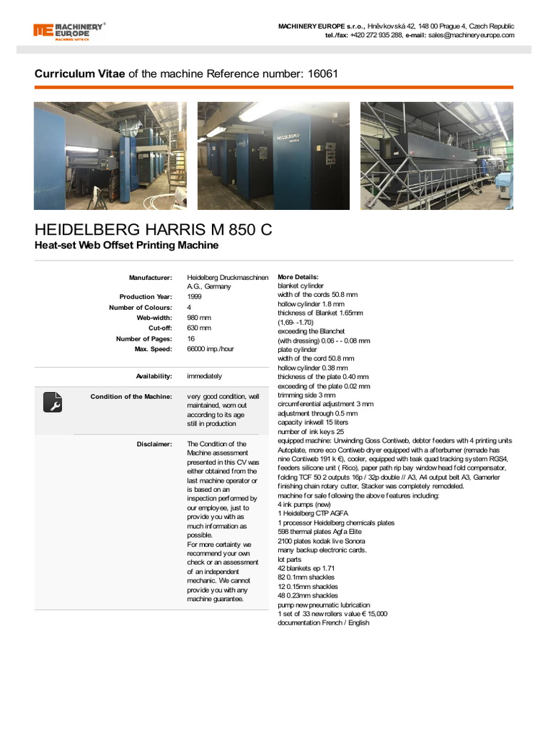 2023-10-20 16061 Heidelberg Harris M 850 C | Download Free PDF | Mechanical Engineering ...
