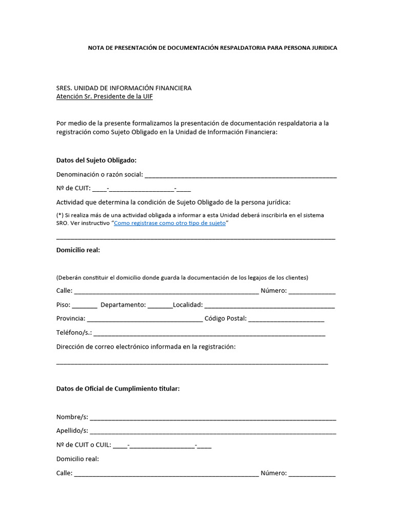 Nota de Presentacion de Documentacion Respaldatoria para Persona Juridica v2 | PDF | Justicia ...