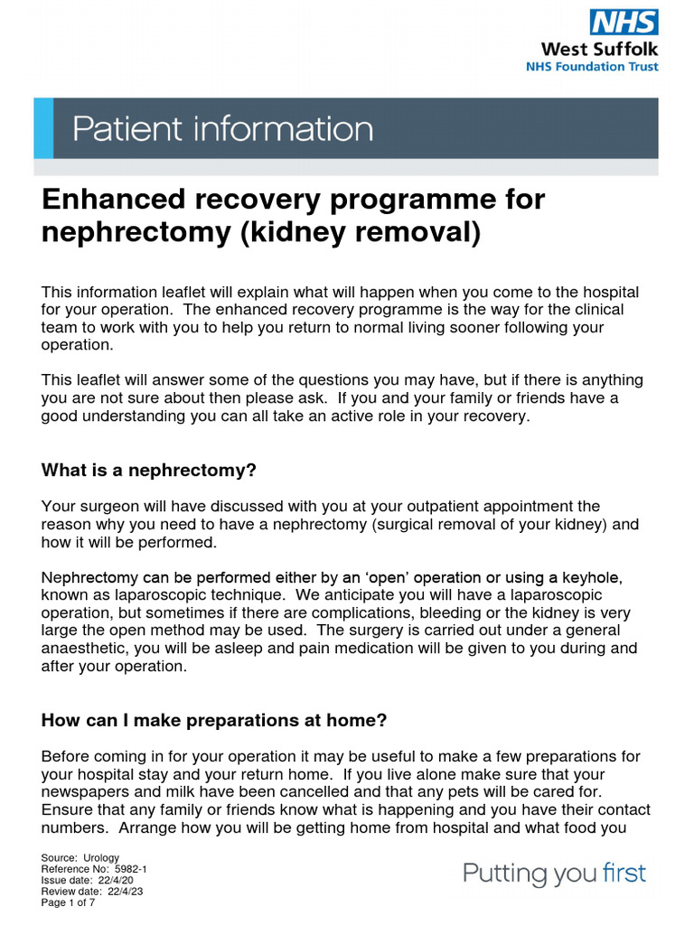 Enhanced Recovery Programme For Nephrectomy (Kidney Removal) | PDF ...