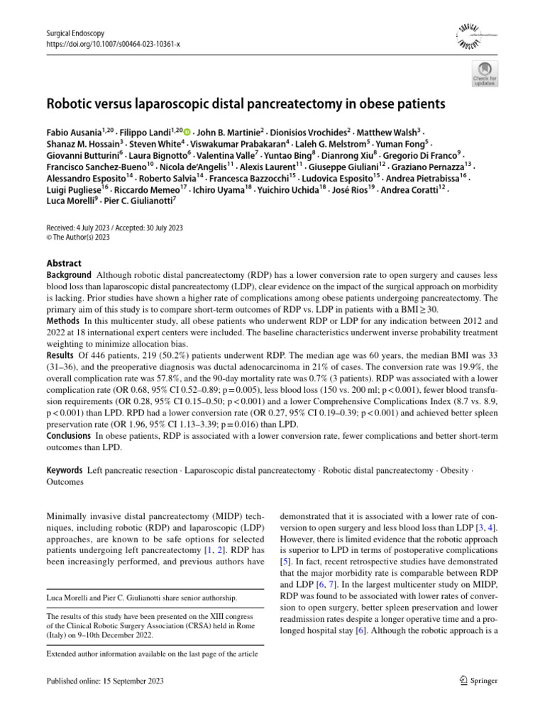 Robotic Versus Laparoscopic Distal Pancreatectomy 2 Pdf Pancreatic Cancer Surgery