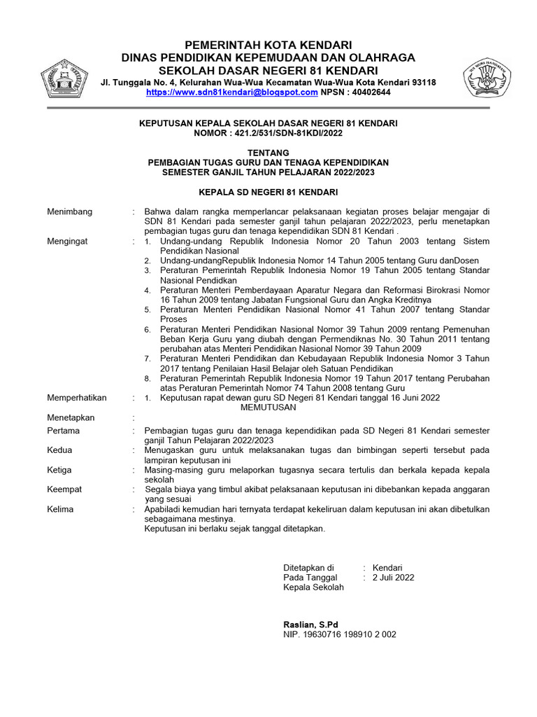 SK Pembagian Tugas 2022-2023 Ganjil | PDF