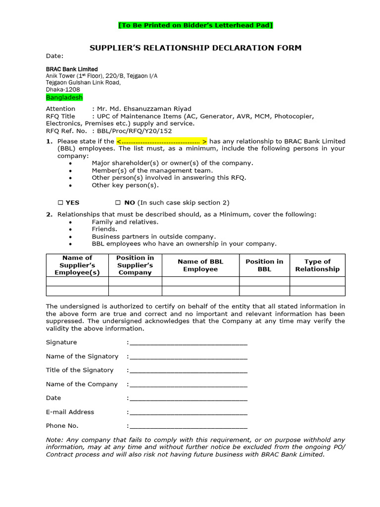 Supplier Relationship Declaration Form | PDF