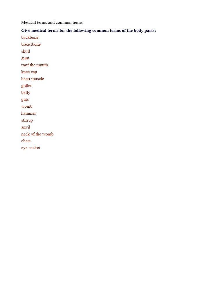 Medical Terms for Body Parts Explained | PDF
