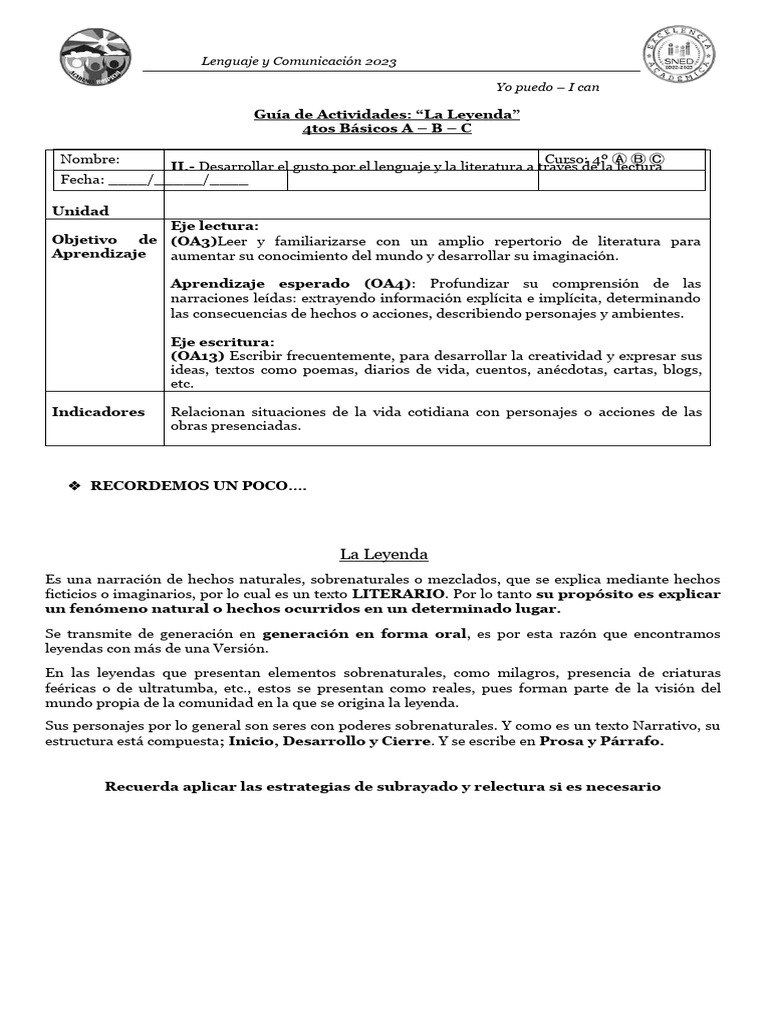 Guía La Leyenda 4TO BASICO | PDF | Narración | Leyendas