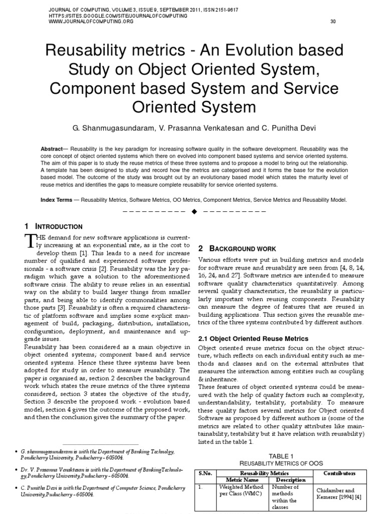 Reusability Metrics - An Evolution Based Study On Object Oriented System, Component Based System ...