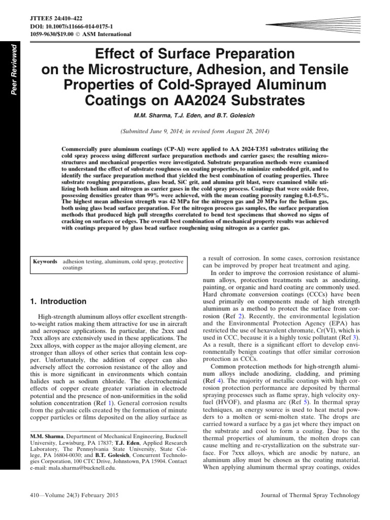 Effect of Surface Preparation On The Microstructure, Adhesion, and Tensile Properties of Cold ...