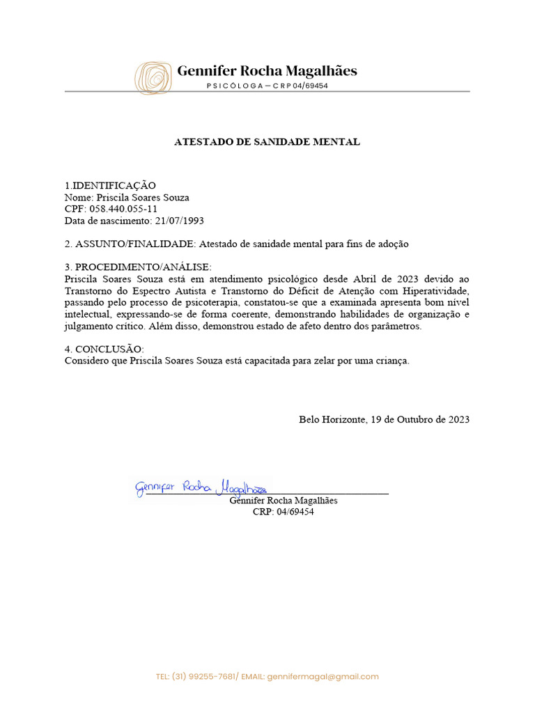 Atestado de Sanidade Mental para Adoção | PDF
